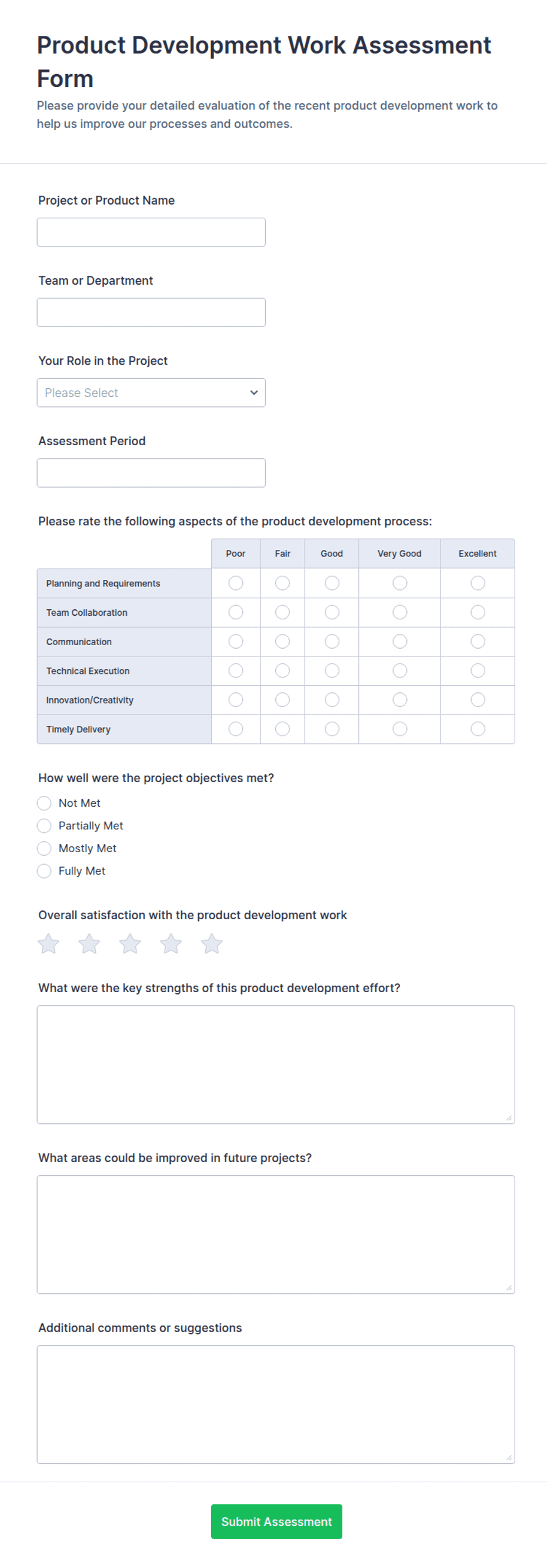 Product Development Work Assessment Form Template | Jotform