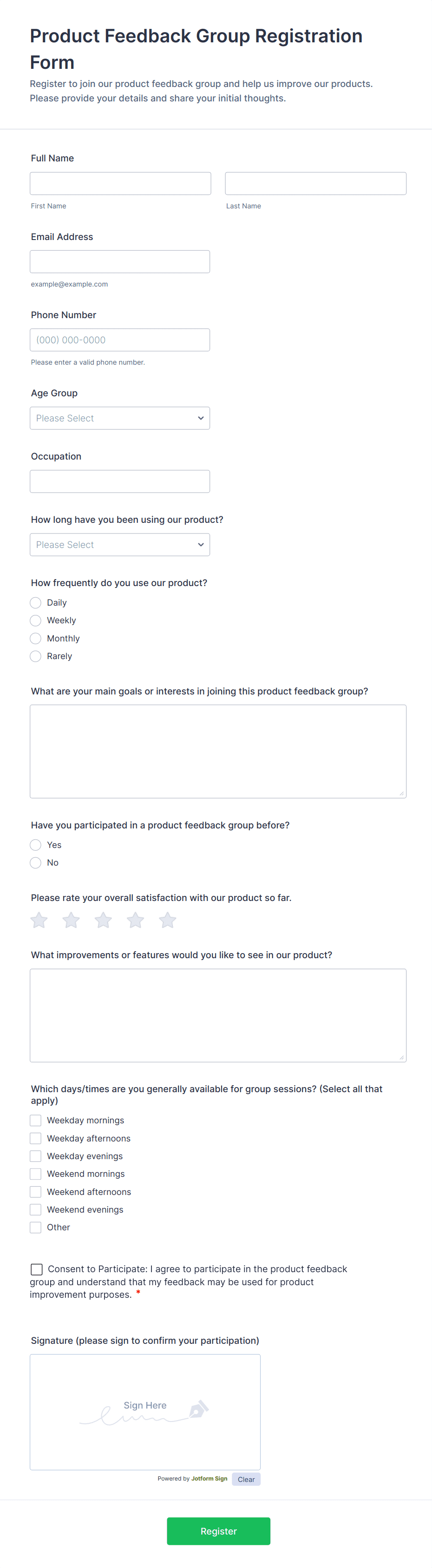 Product Feedback Group Registration Form Template | Jotform