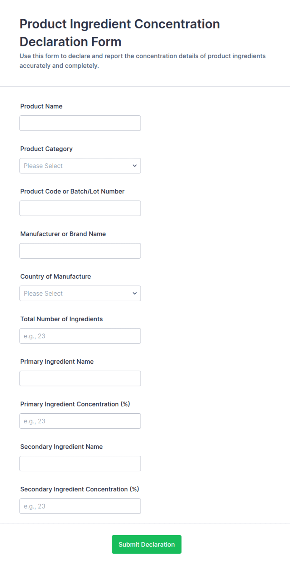 Product Ingredient Concentration Declaration Form Template | Jotform