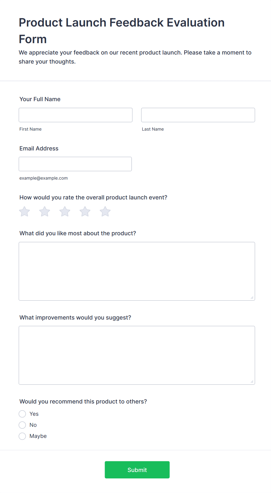 Product Launch Feedback Evaluation Form Template | Jotform