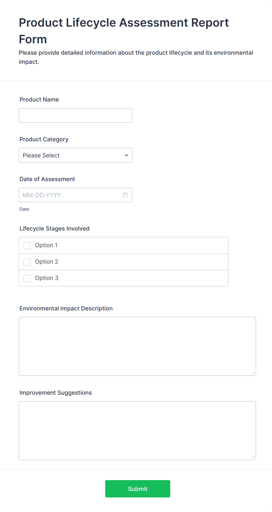 Product Lifecycle Assessment Report Form Template | Jotform