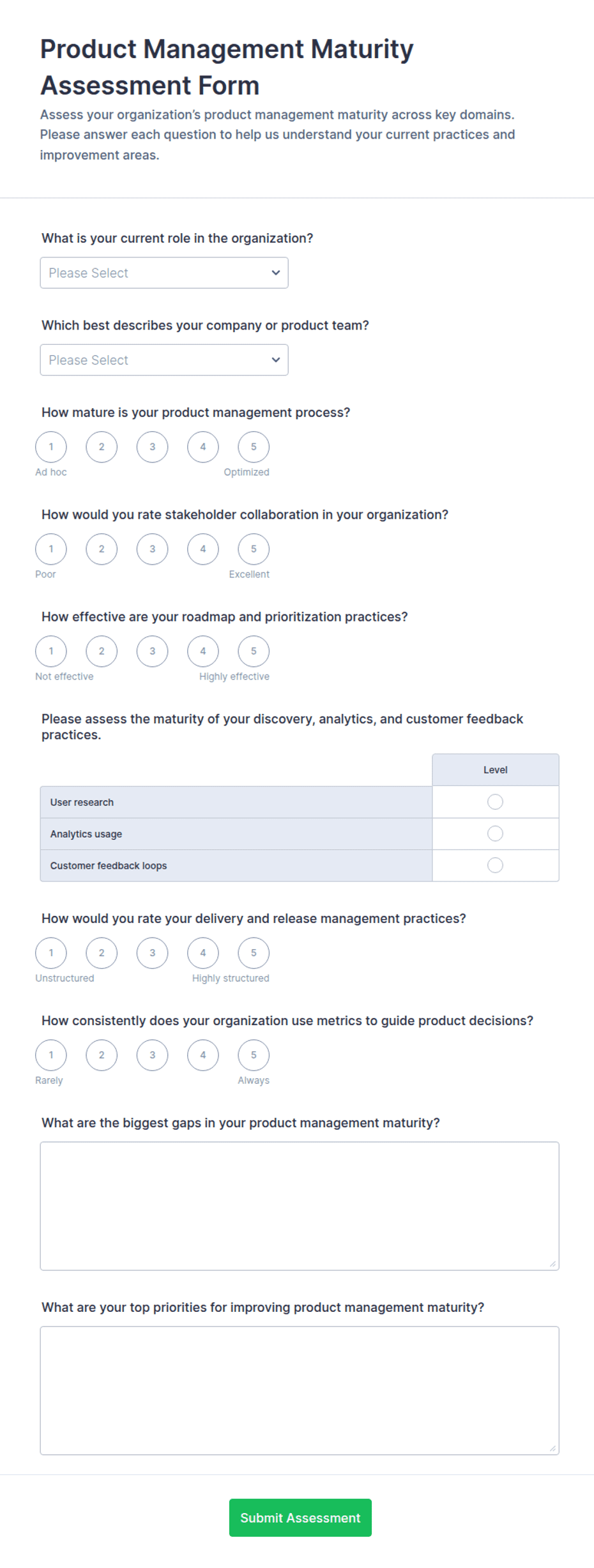 Product Management Maturity Assessment Form Template | Jotform