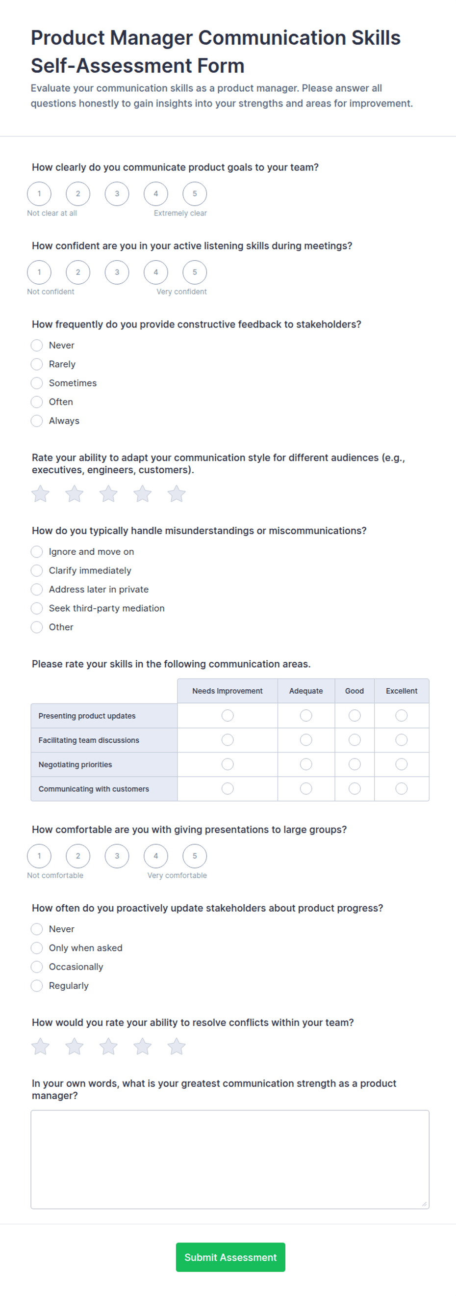 Product Manager Communication Skills Self-Assessment Form Template ...