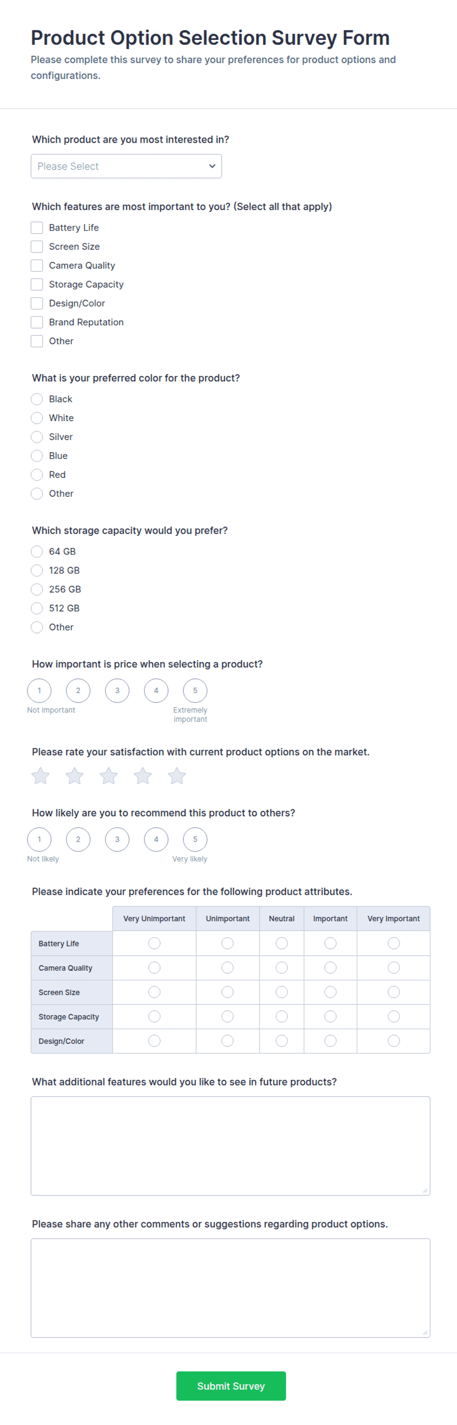 Product Option Selection Survey Form Template | Jotform