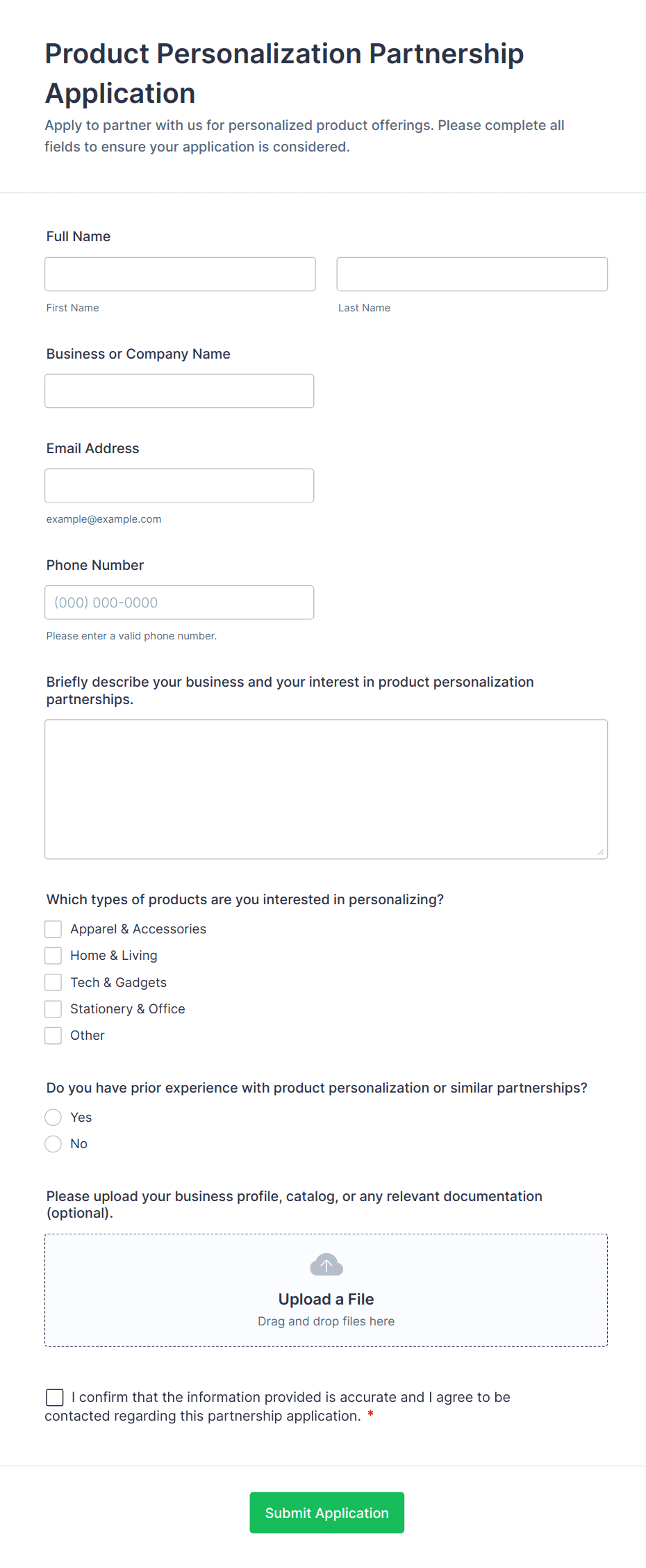Product Personalization Partnership Application Form Template | Jotform
