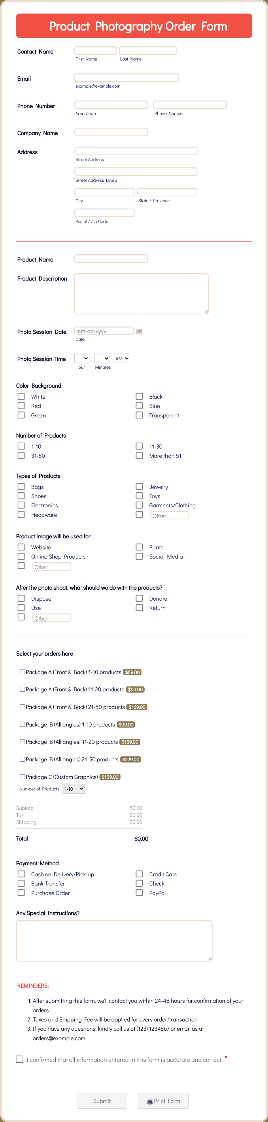 Product Photography Order Form Template | Jotform