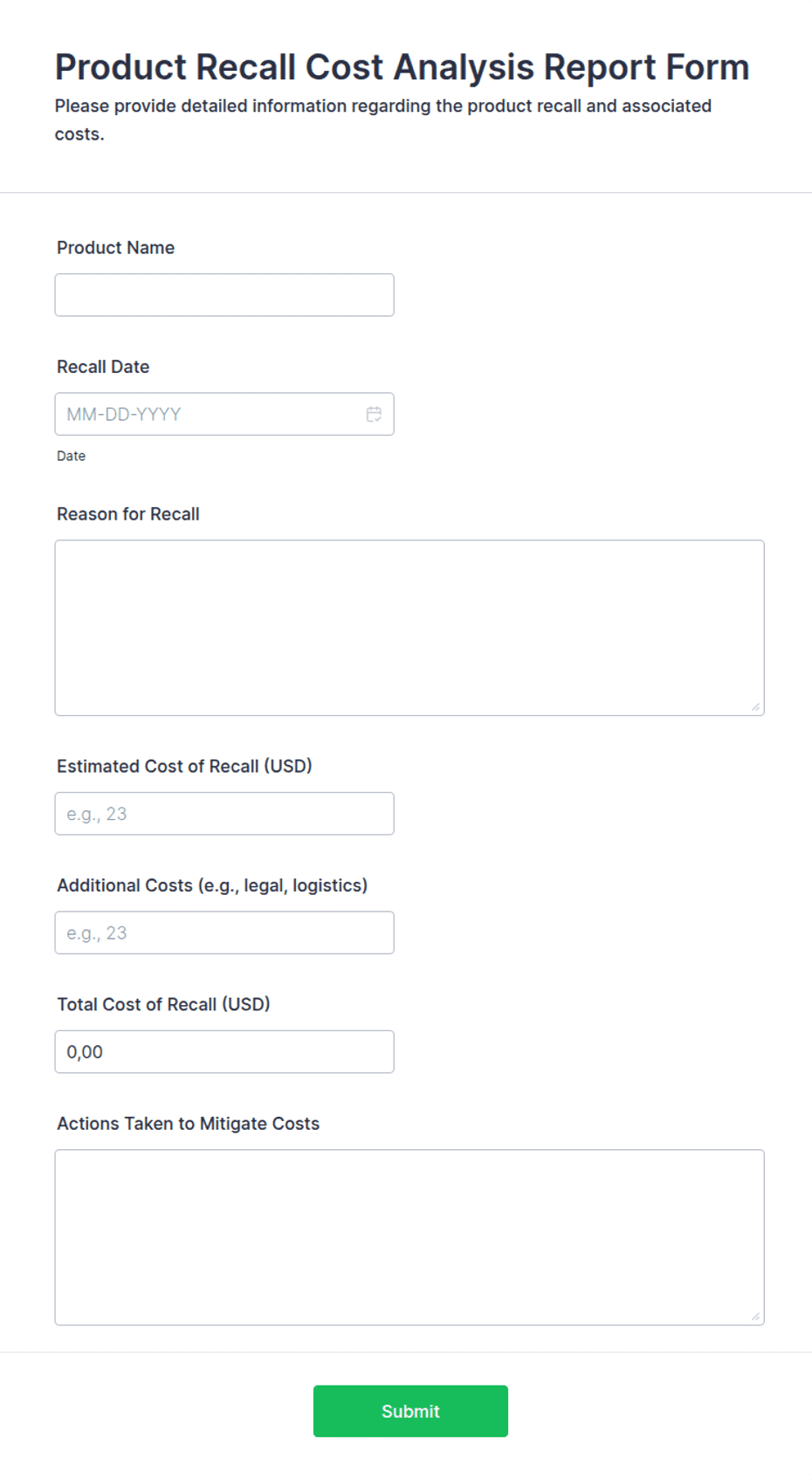 Product Recall Cost Analysis Report Form Template | Jotform