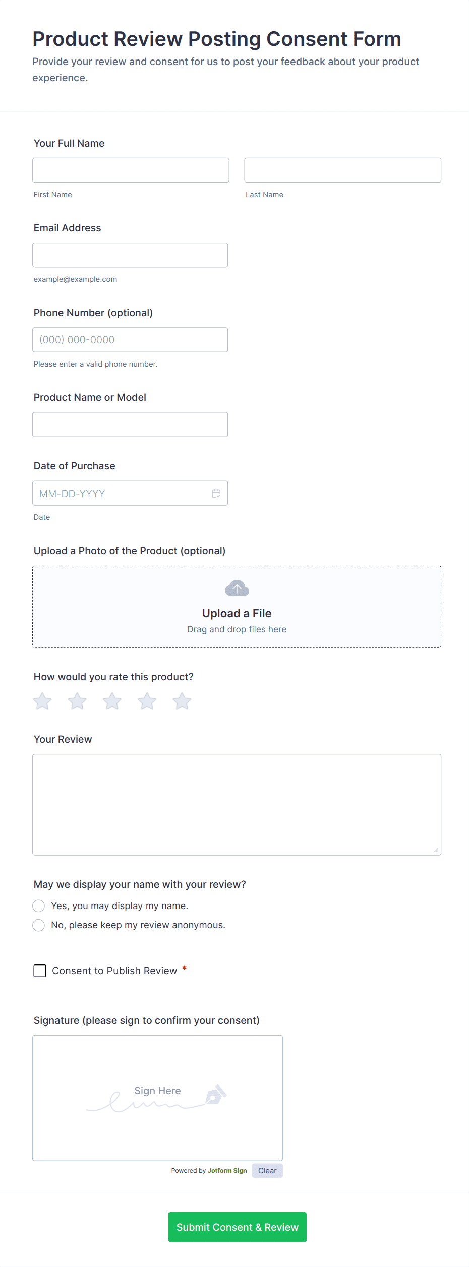 Product Review Posting Consent Form Template | Jotform