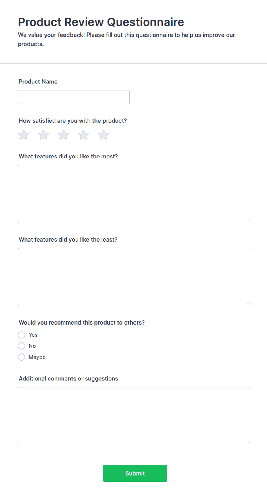 Product Review Questionnaire Form Template | Jotform