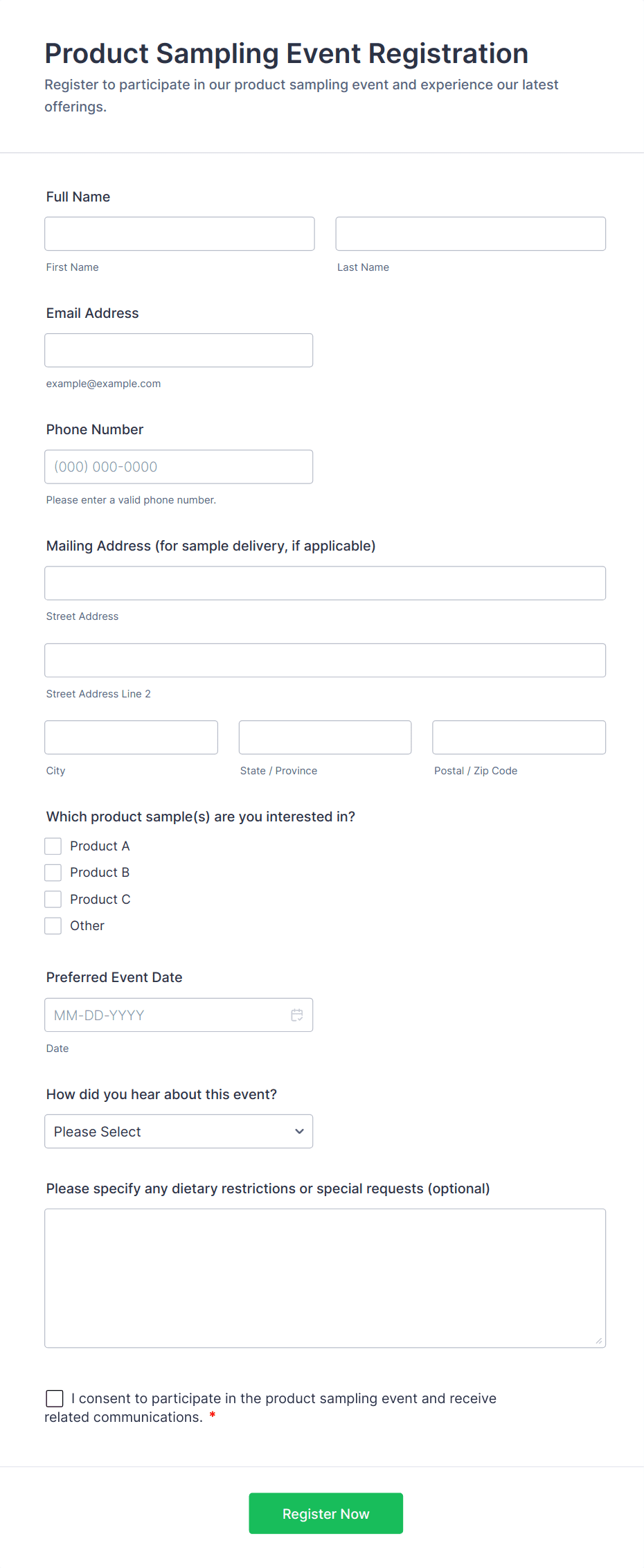 Product Sampling Event Registration Form Template | Jotform