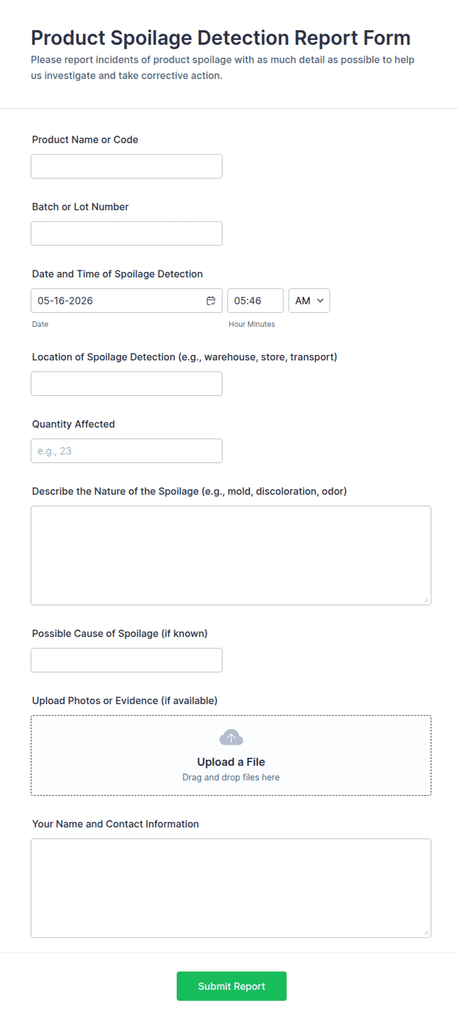 Product Spoilage Detection Report Form Template | Jotform