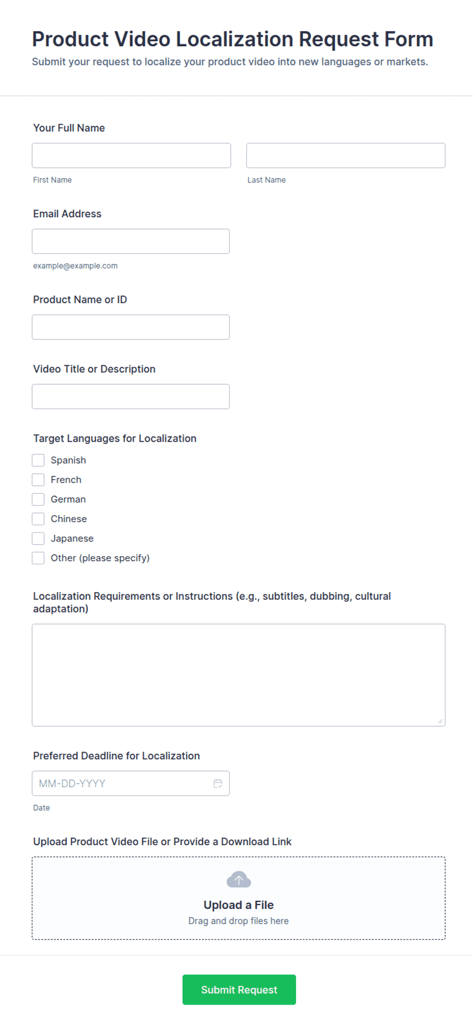Product Video Localization Request Form Template | Jotform
