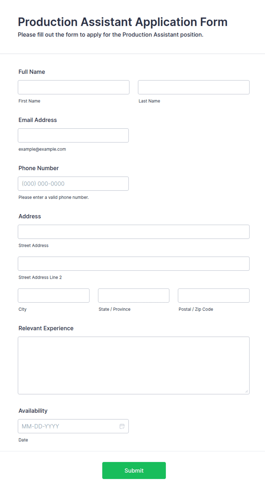 Production Assistant Application Form Template | Jotform