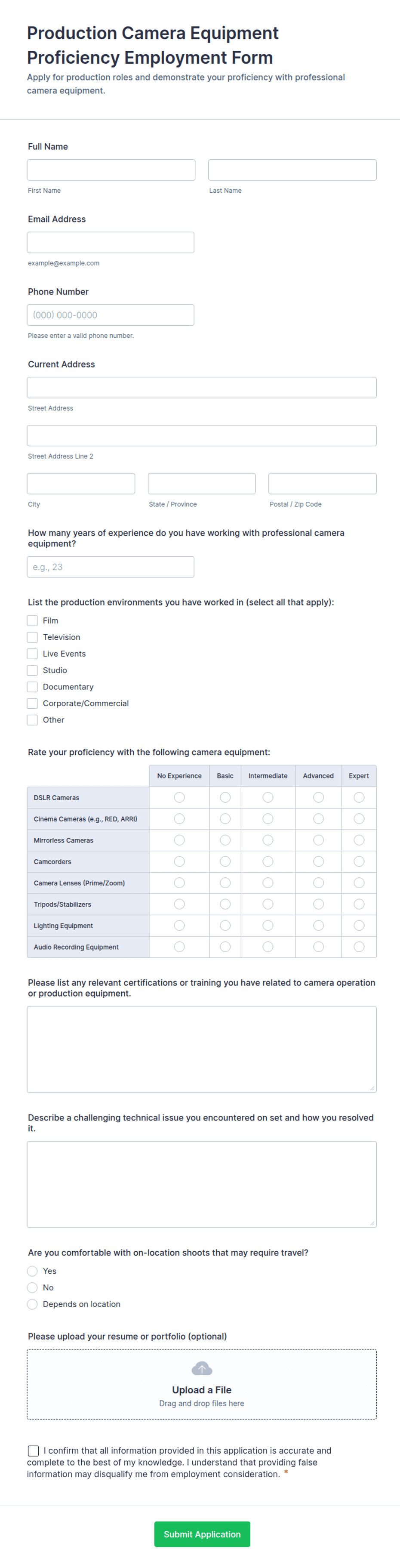 Production Camera Equipment Proficiency Employment Form Template | Jotform