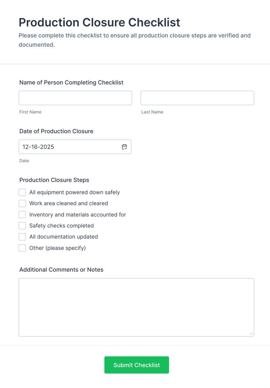 Production Closure Checklist Form Template | Jotform