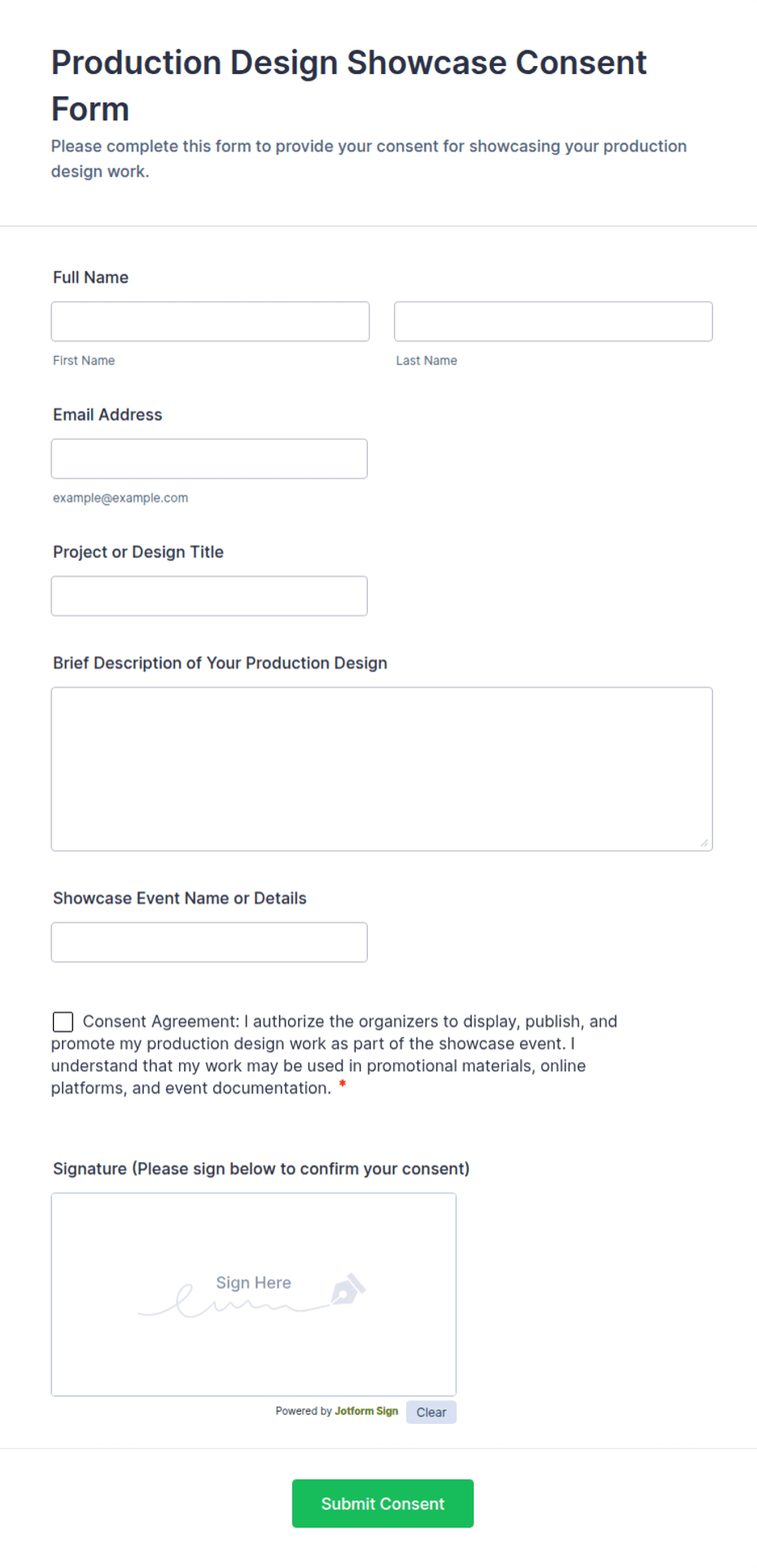 Production Design Showcase Consent Form Template | Jotform