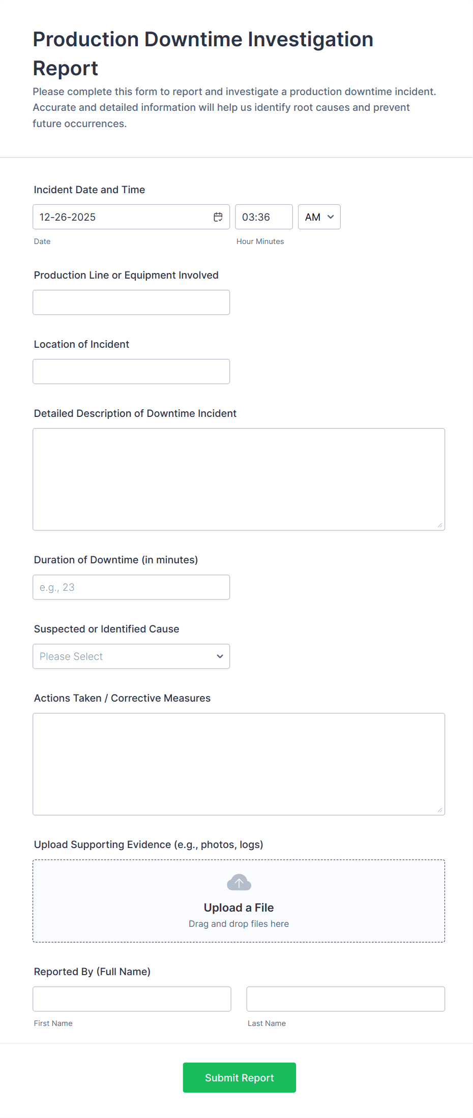 Production Downtime Investigation Report Form Template | Jotform