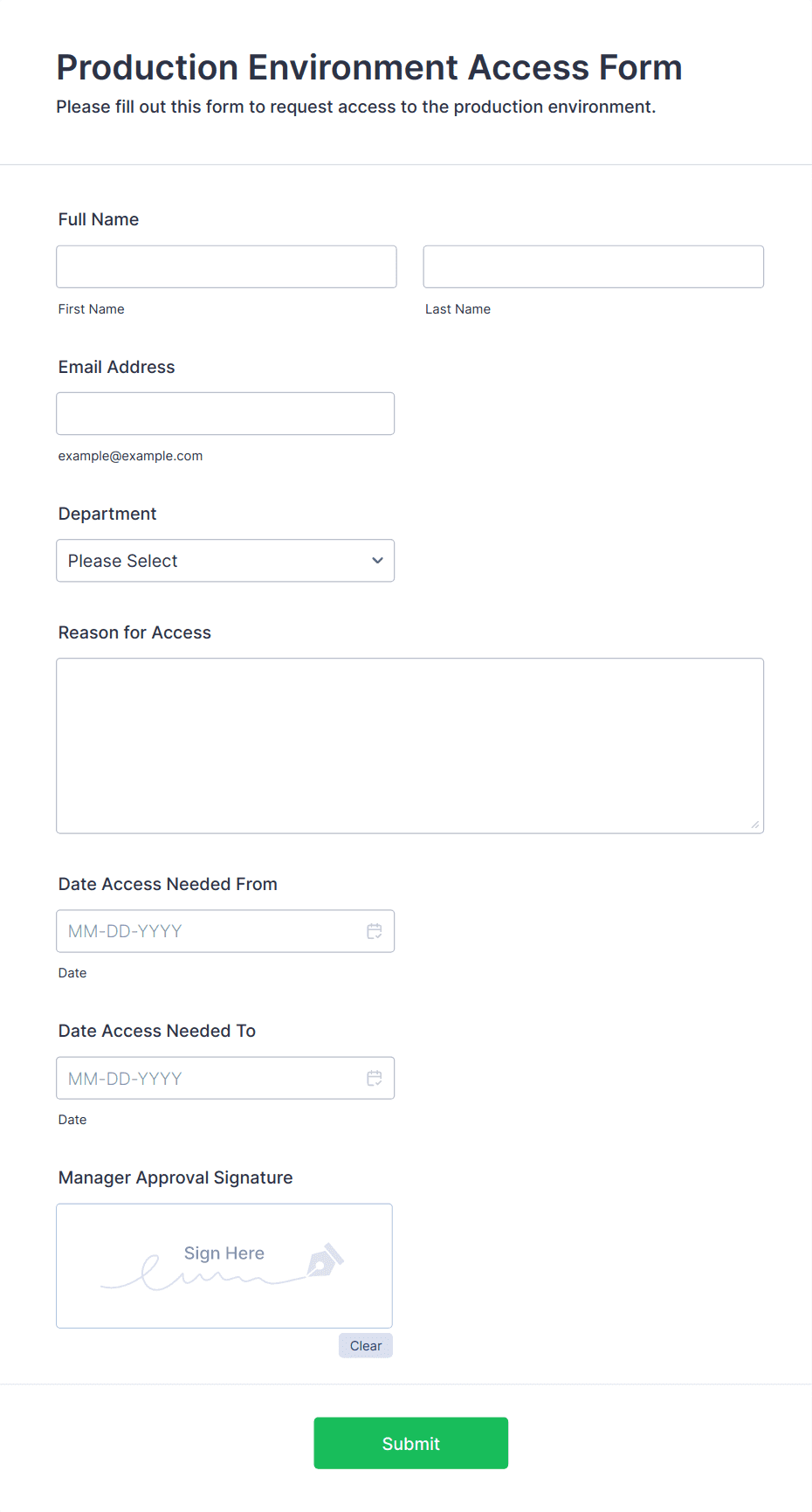 Production Environment Access Form Template | Jotform