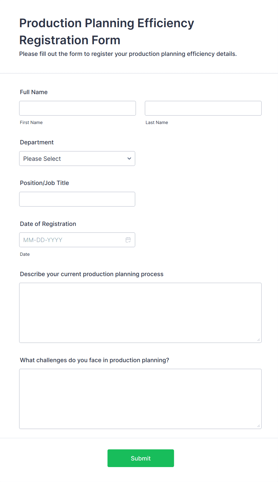 Production Planning Efficiency Registration Form Template | Jotform