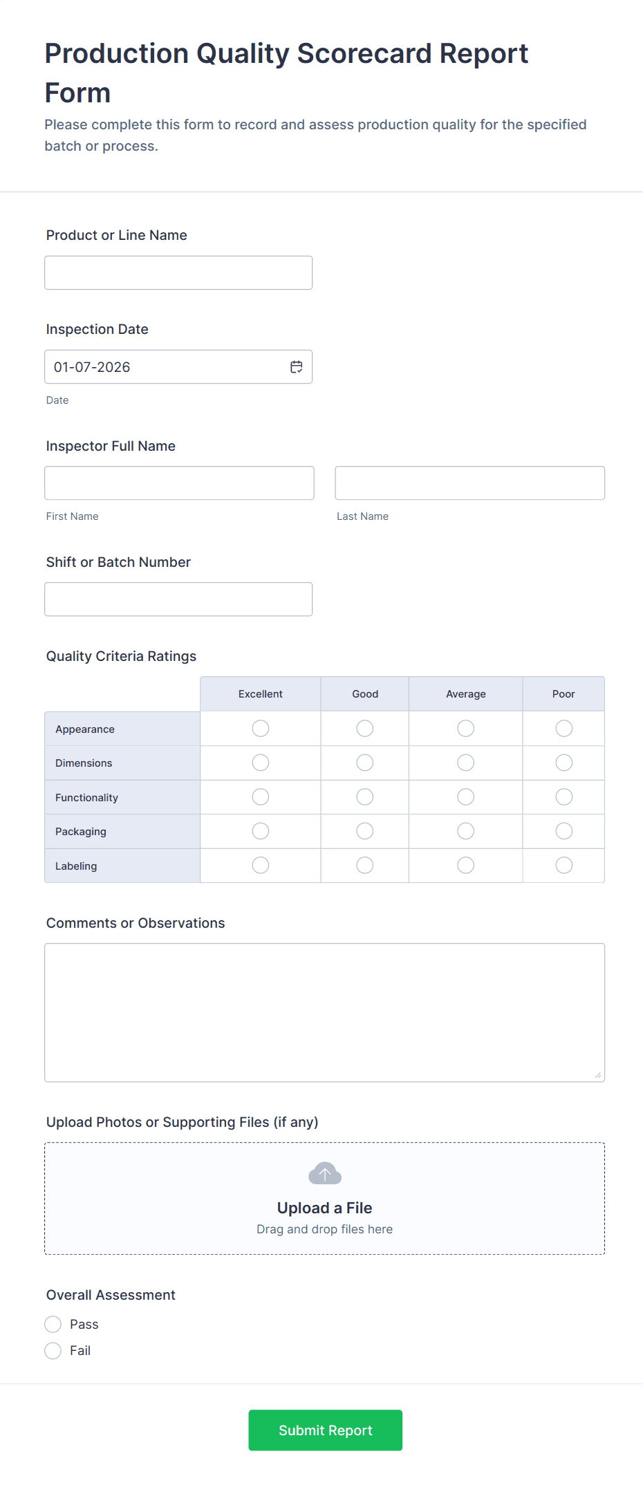Production Quality Scorecard Report Form Template | Jotform