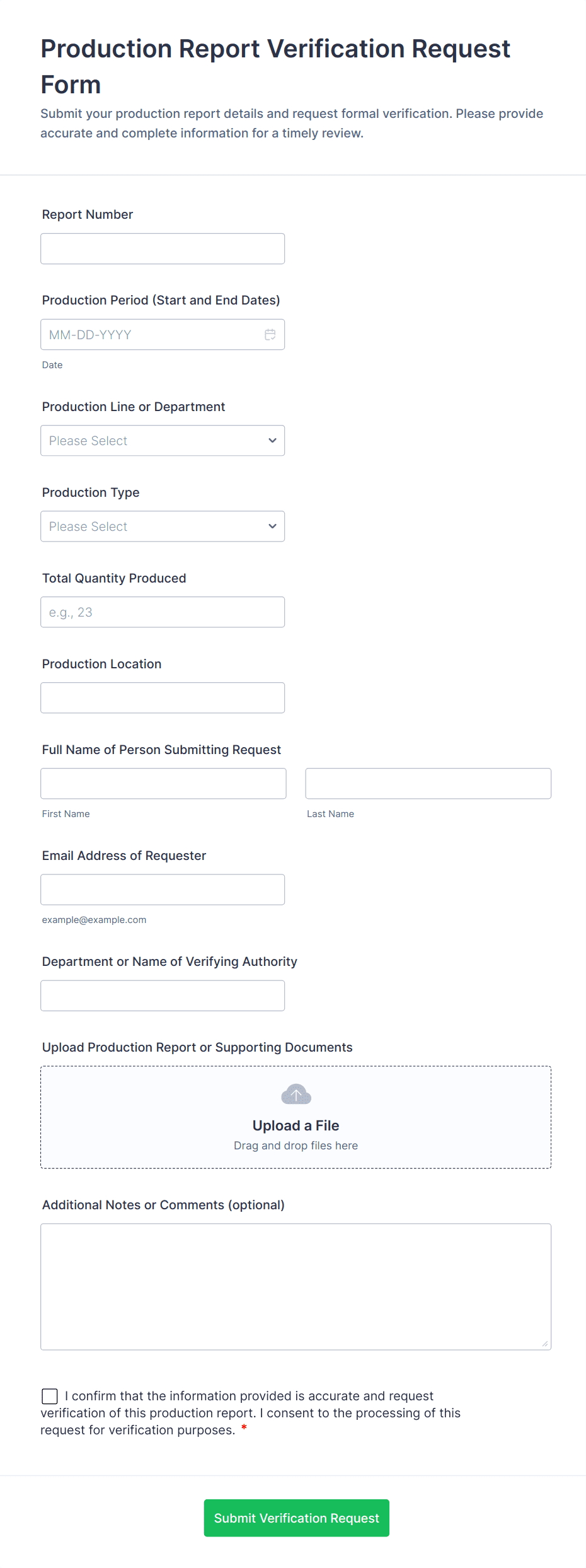 Production Report Verification Request Form Template | Jotform