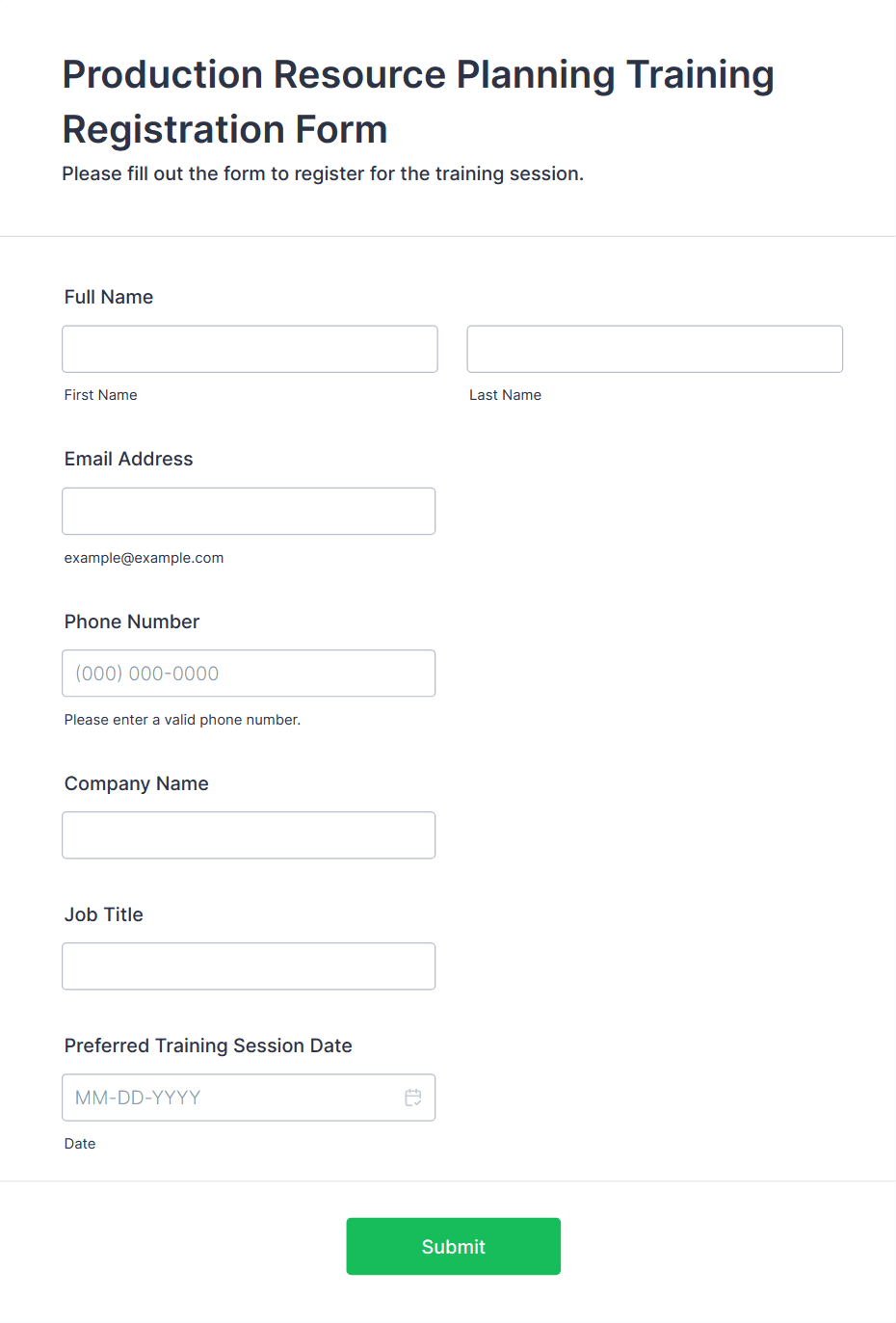 Production Resource Planning Training Registration Form Template | Jotform