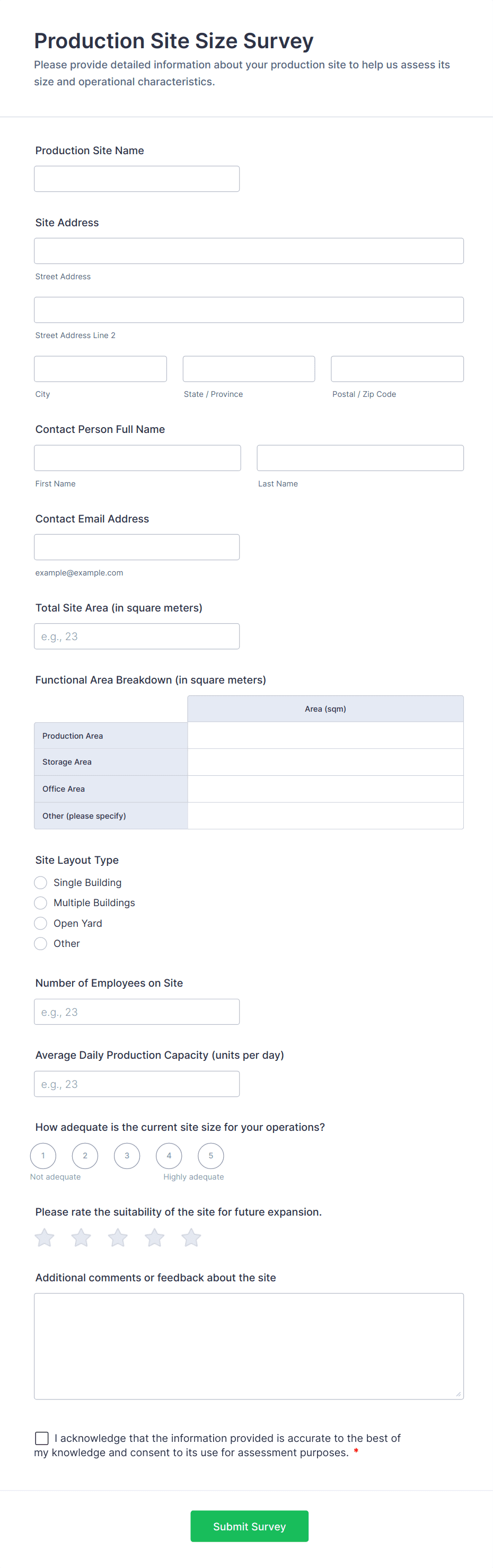 Production Site Size Survey Form Template | Jotform