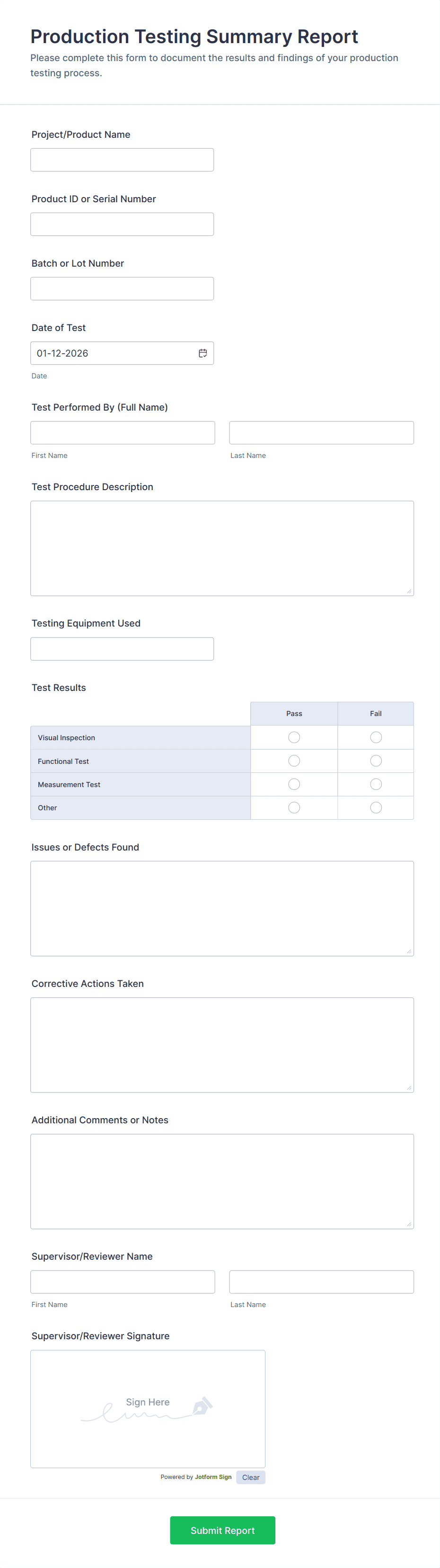 Production Testing Summary Report Form Template | Jotform