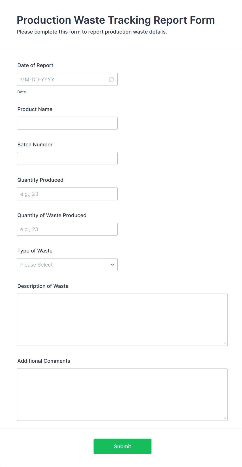 Production Waste Tracking Report Form Template | Jotform