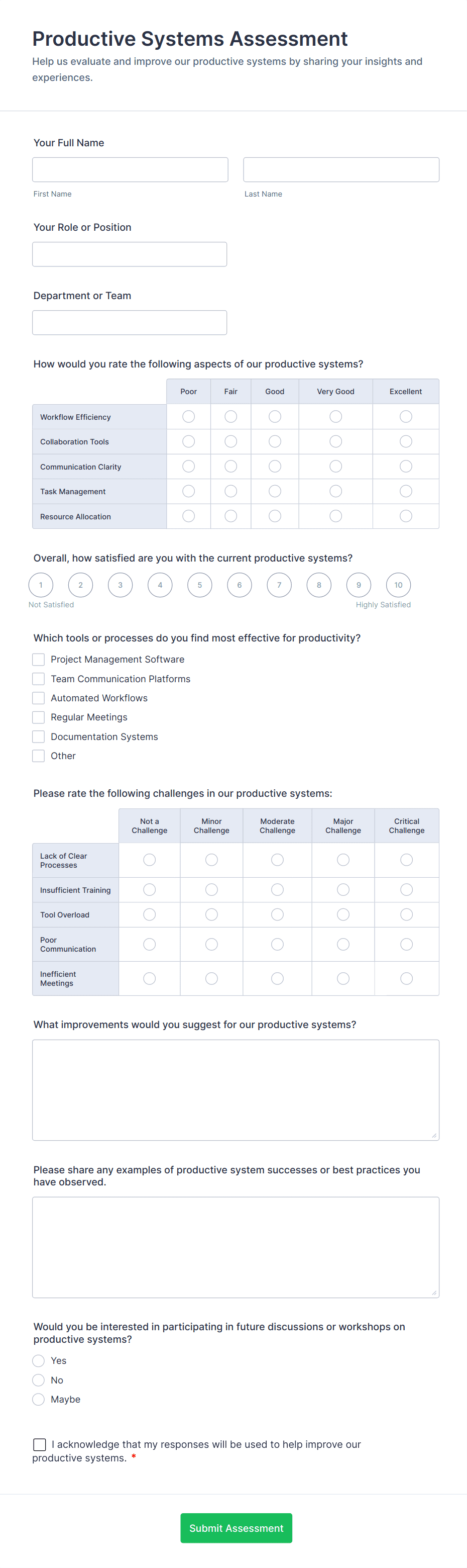 Productive Systems Assessment Form Template | Jotform