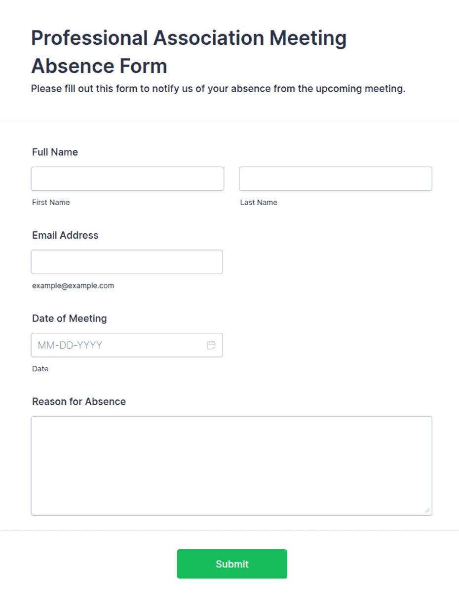 Professional Association Meeting Absence Form Template | Jotform
