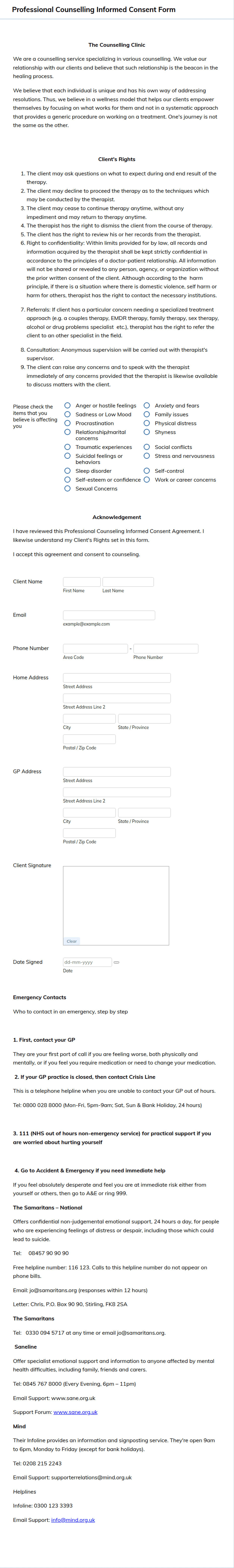 Professional Counselling Informed Consent Form Template | Jotform