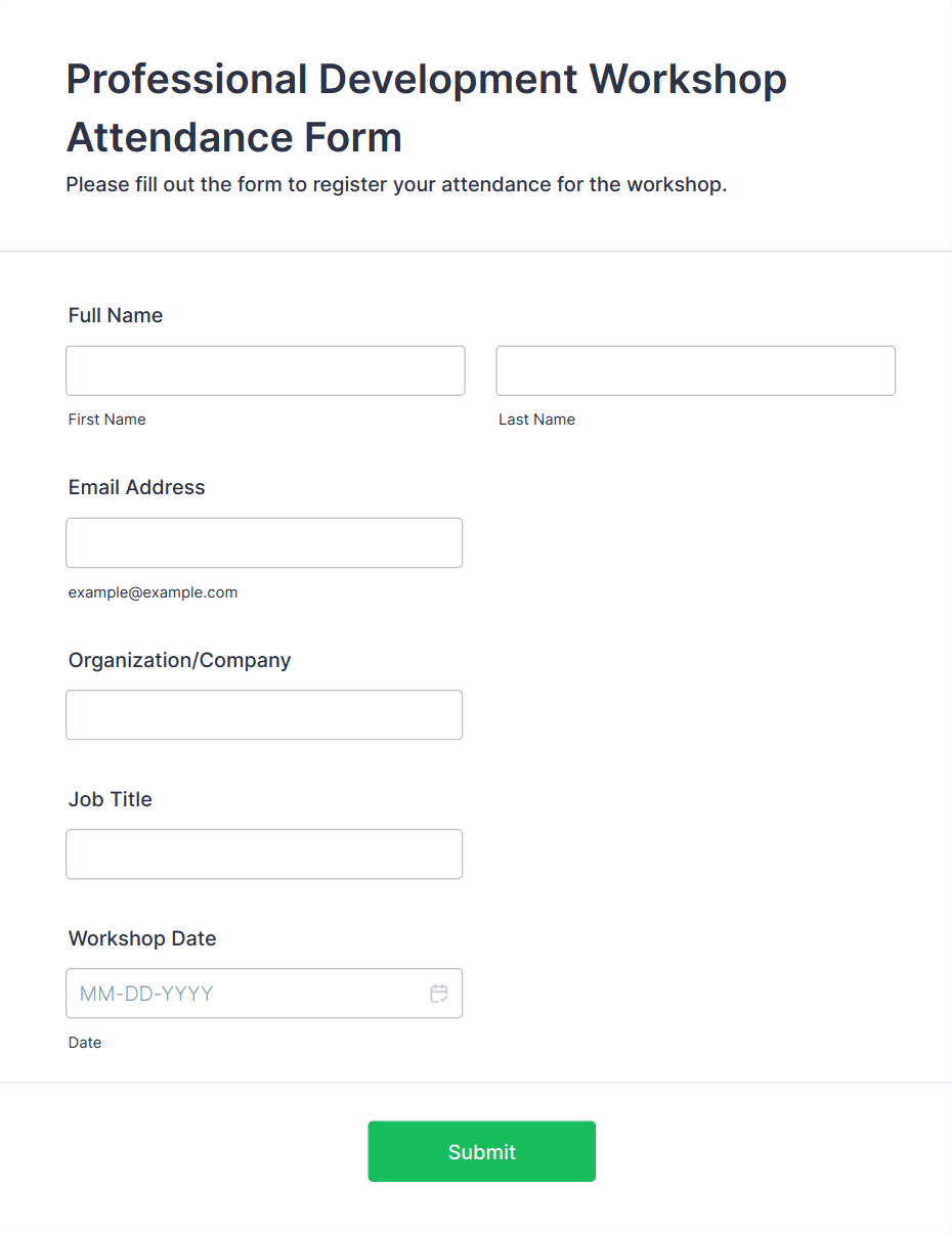Professional Development Workshop Attendance Form Template | Jotform