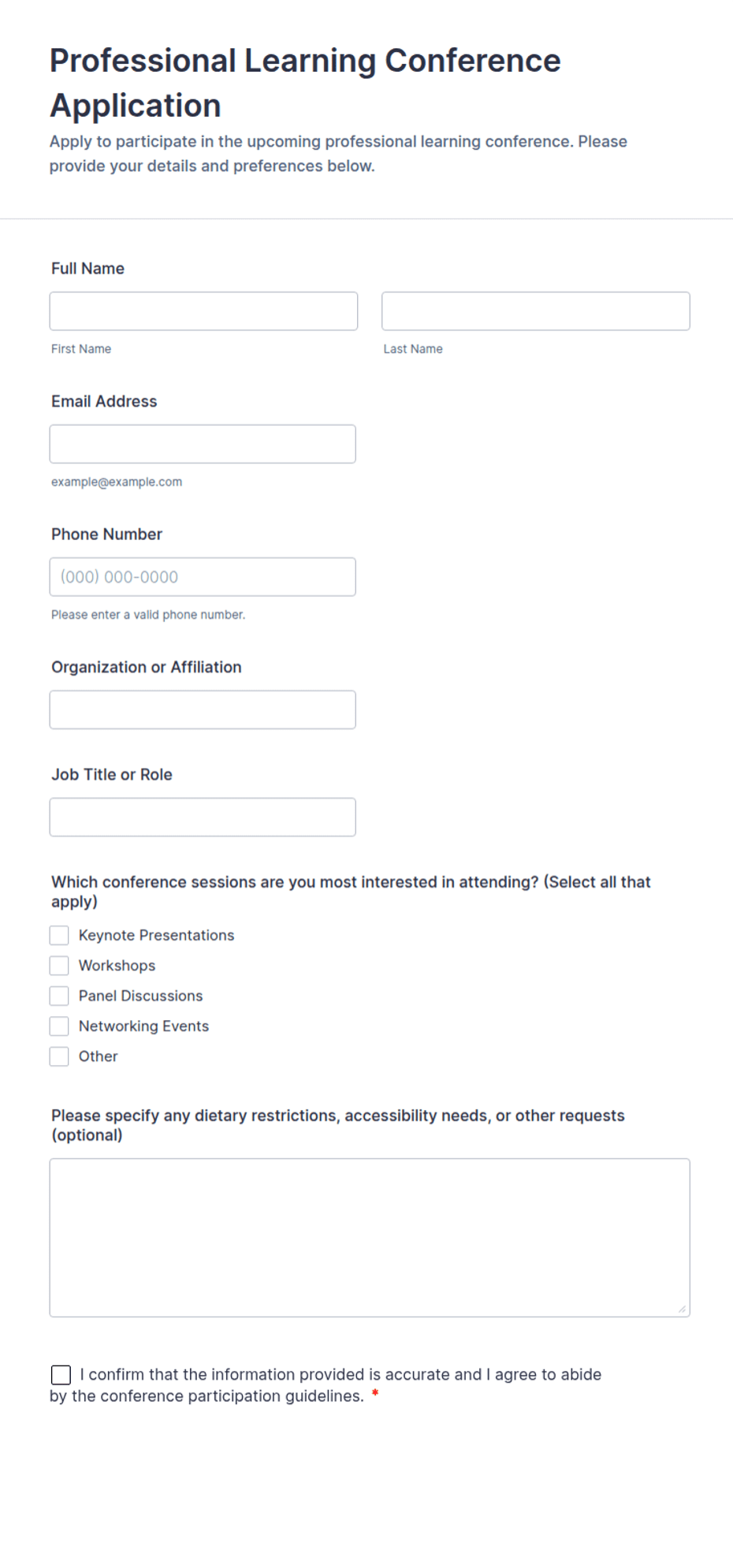 Professional Learning Conference Application Form Template | Jotform