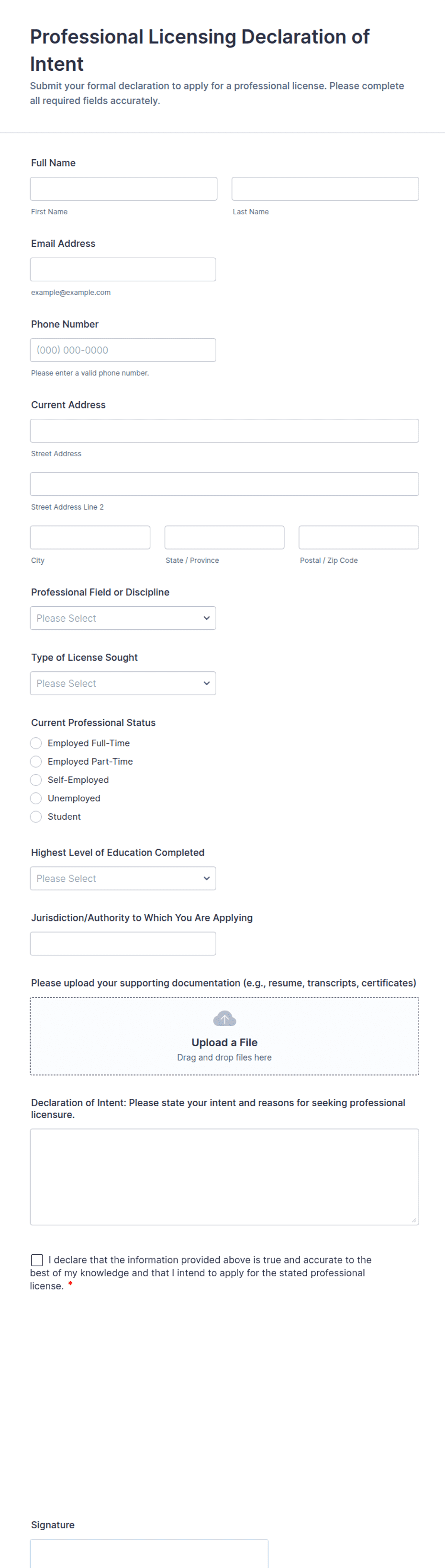 Professional Licensing Declaration of Intent Form Template | Jotform
