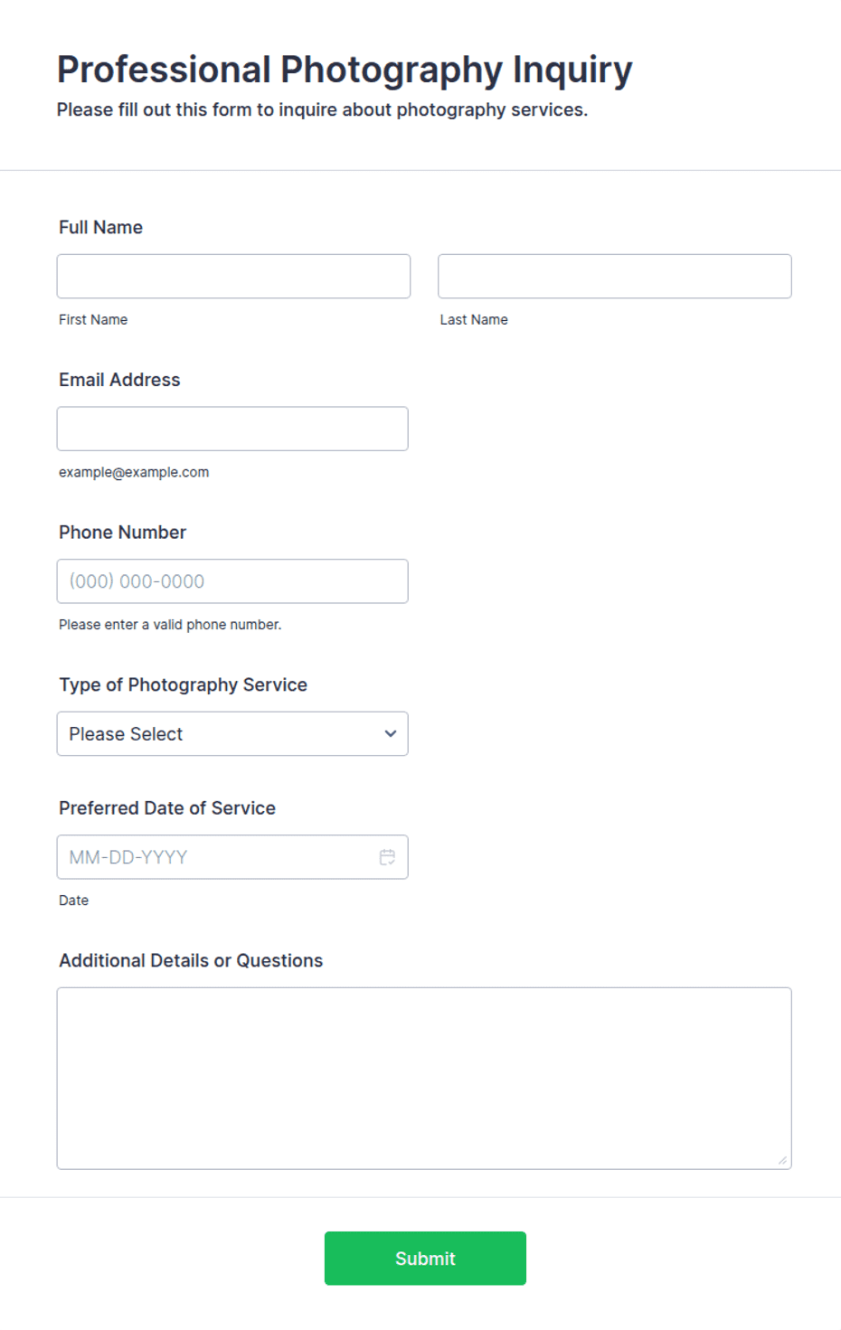 Professional Photography Inquiry Form Template | Jotform