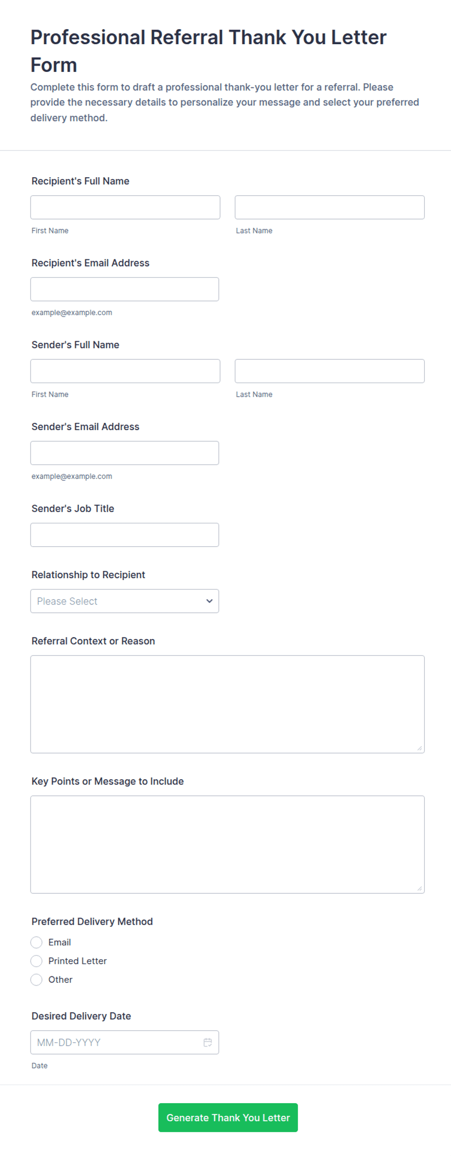Professional Referral Thank You Letter Form Template | Jotform