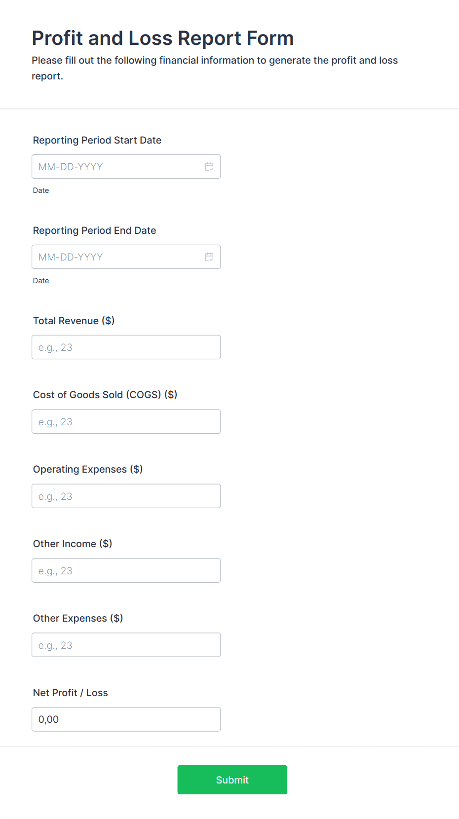 Profit and Loss Report Form Template | Jotform