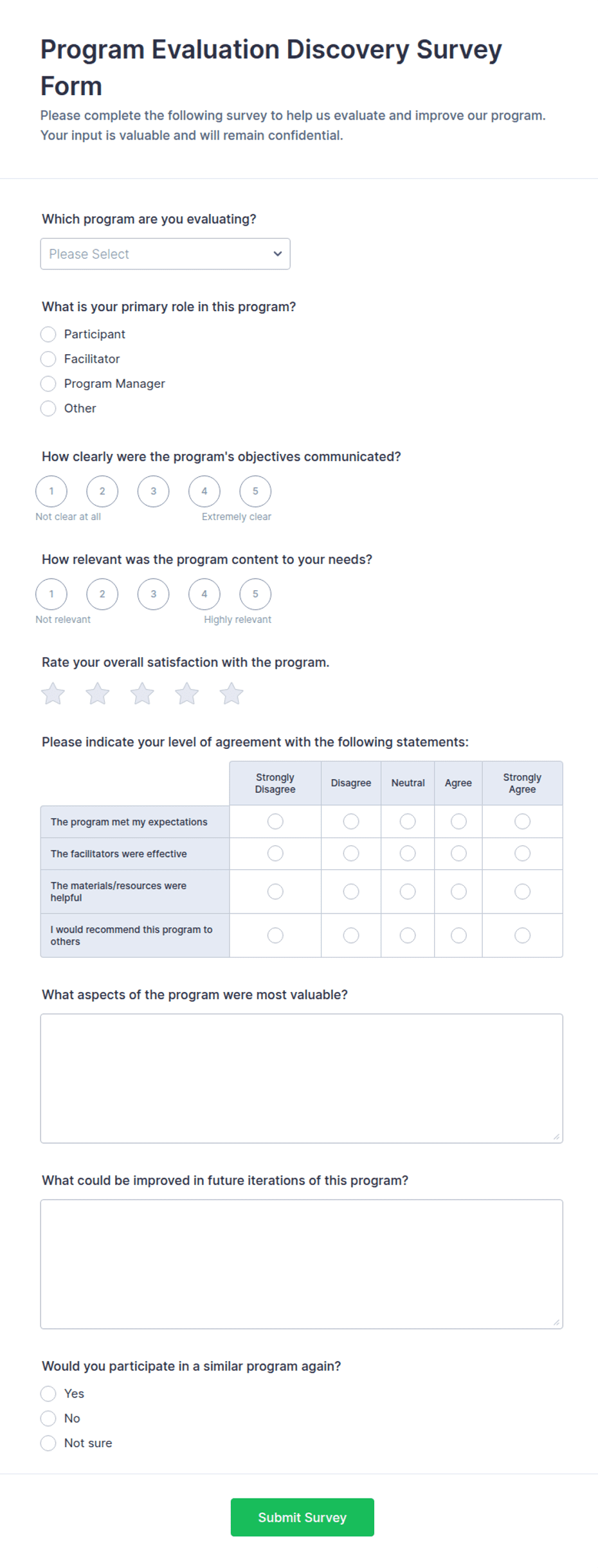 Program Evaluation Discovery Survey Form Template | Jotform