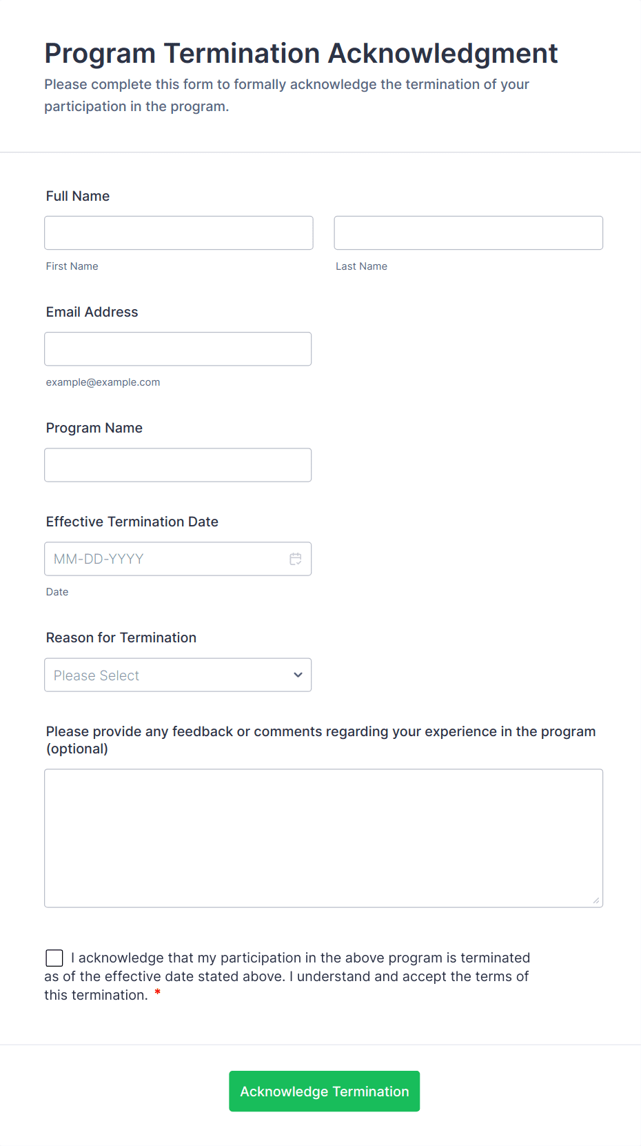 Program Termination Acknowledgment Form Template | Jotform