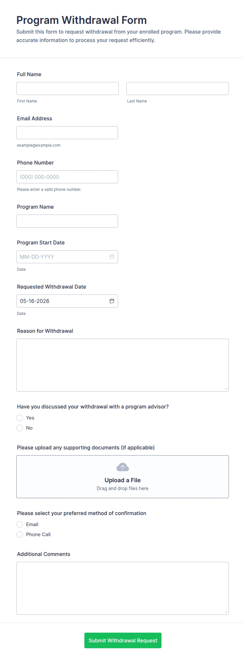 Program Withdrawal Form Template | Jotform