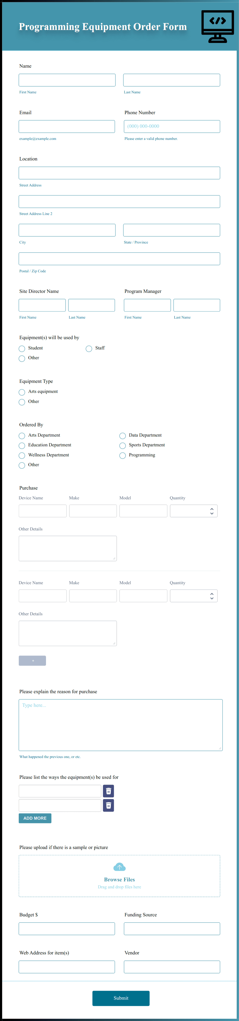 Programming Equipment Order Form Template | Jotform