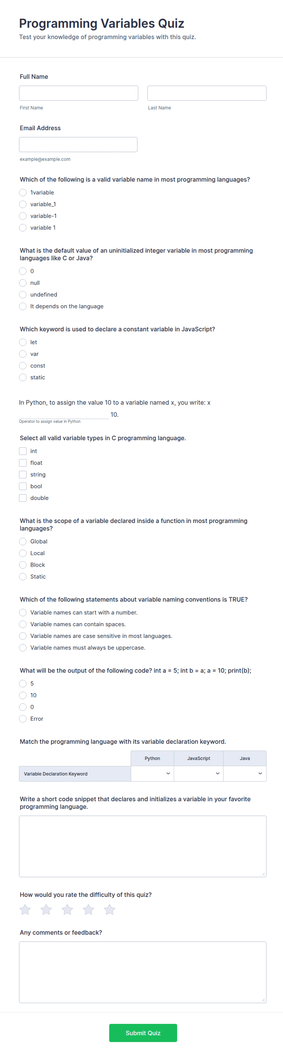 Programming Variables Quiz Form Template | Jotform