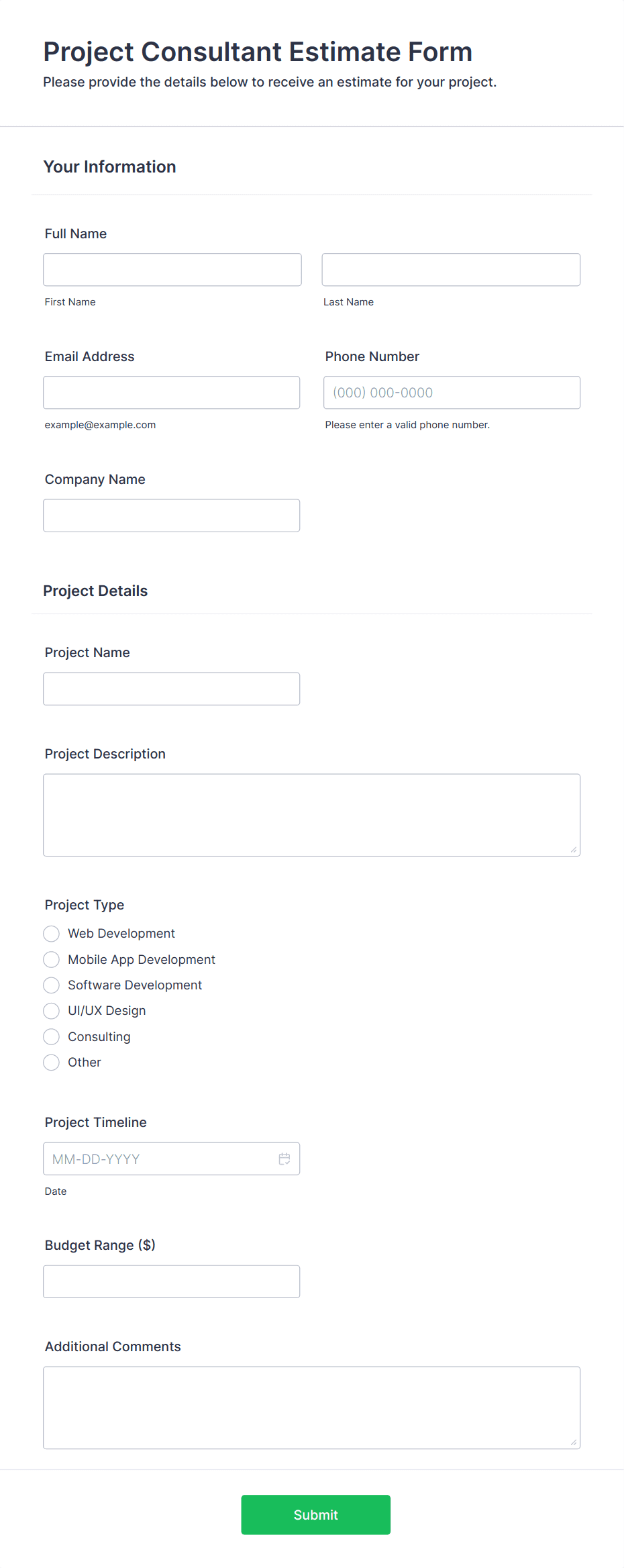 Project Consultant Estimate Form Template | Jotform