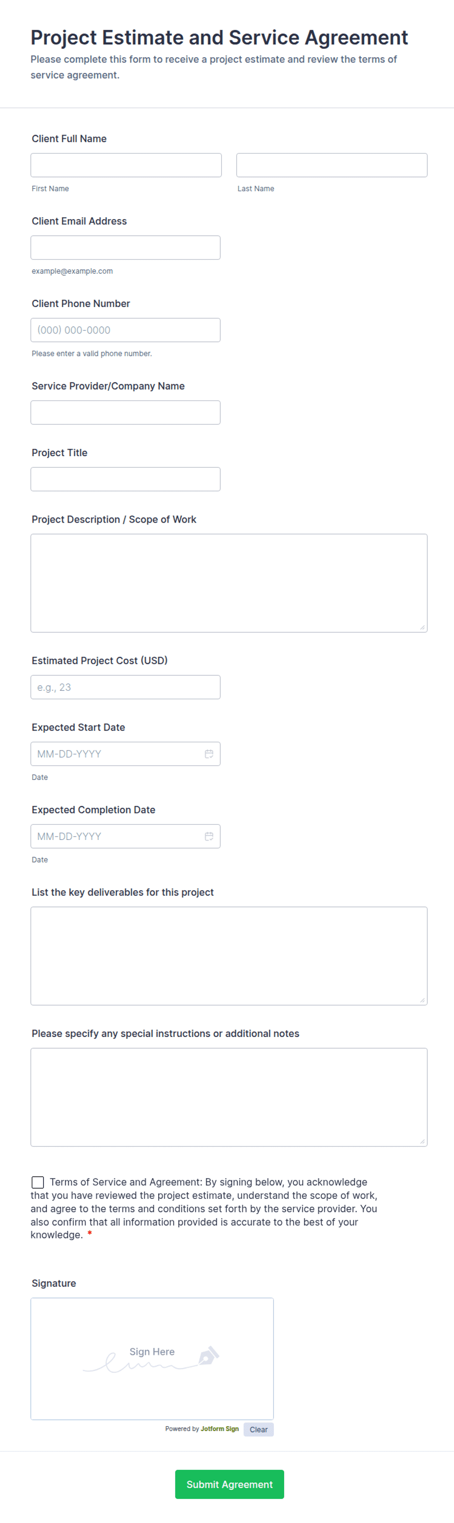 Project Estimate and Service Agreement Form Template | Jotform