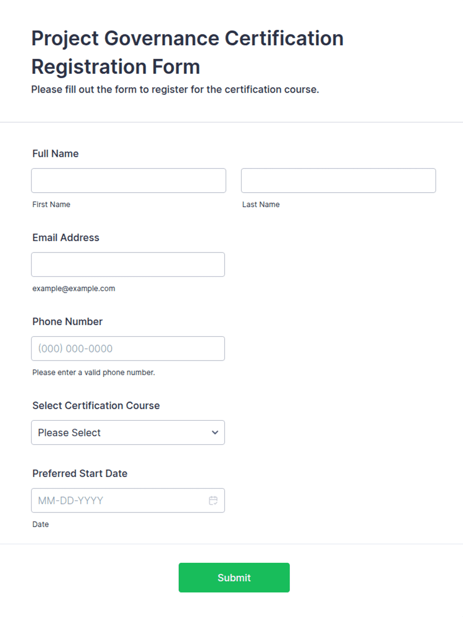 Project Governance Certification Registration Form Template | Jotform