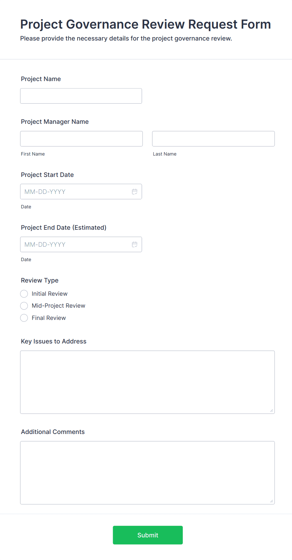 Project Governance Review Request Form Template | Jotform