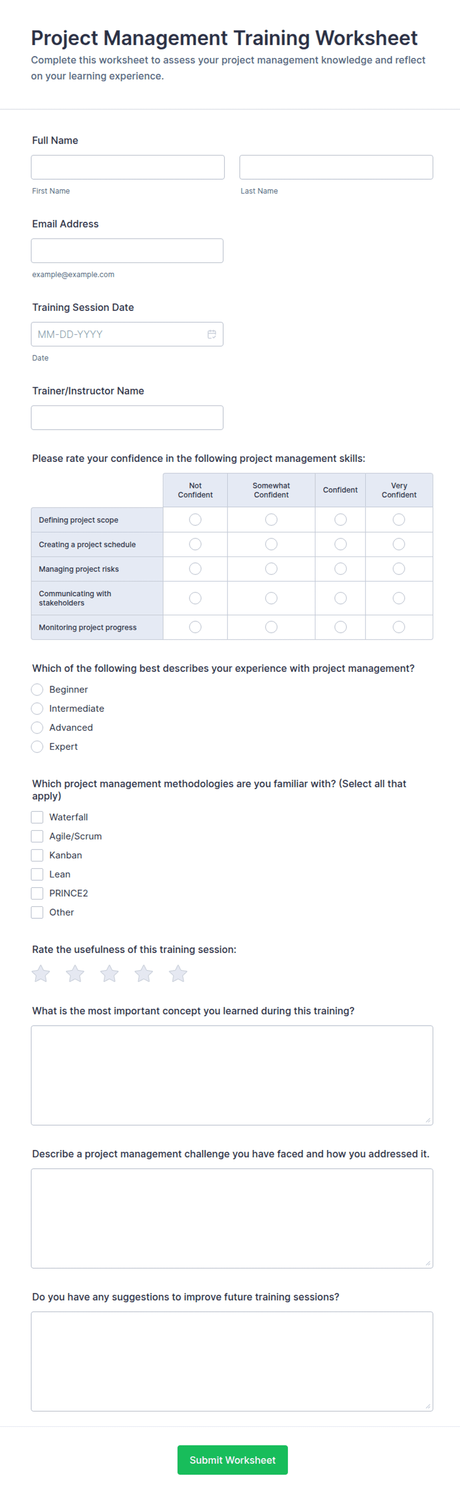 Project Management Training Worksheet Form Template | Jotform