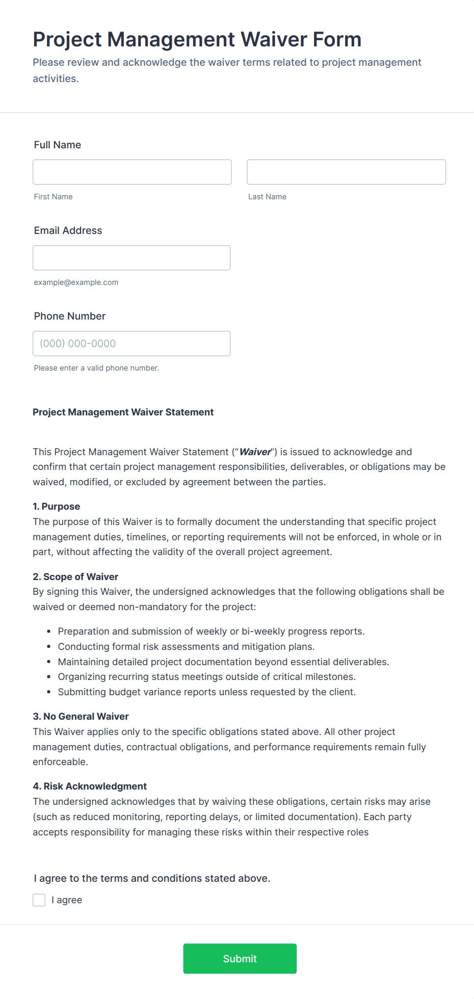 Project Management Waiver Form Template | Jotform