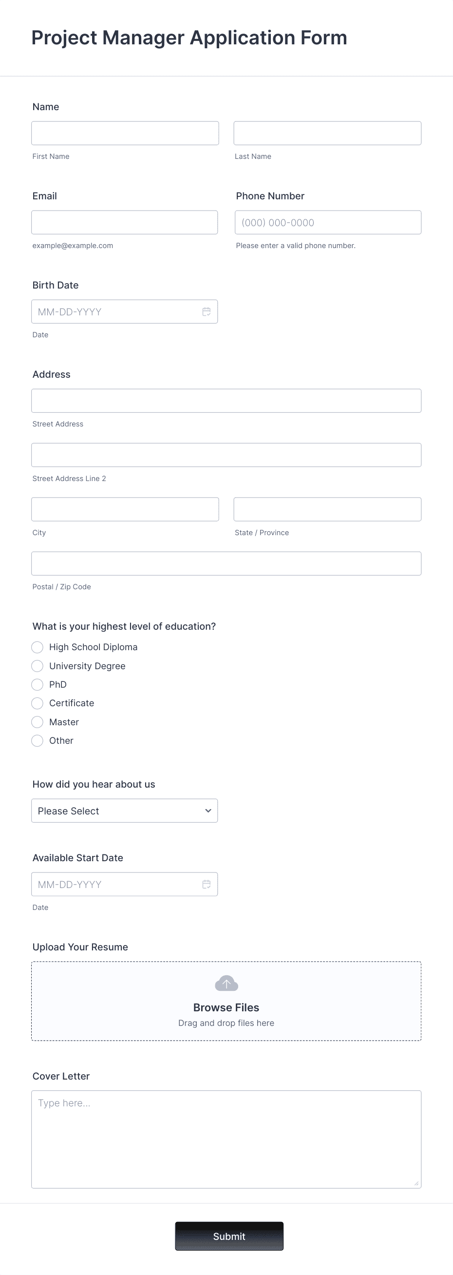 Project Manager Application Form Template | Jotform